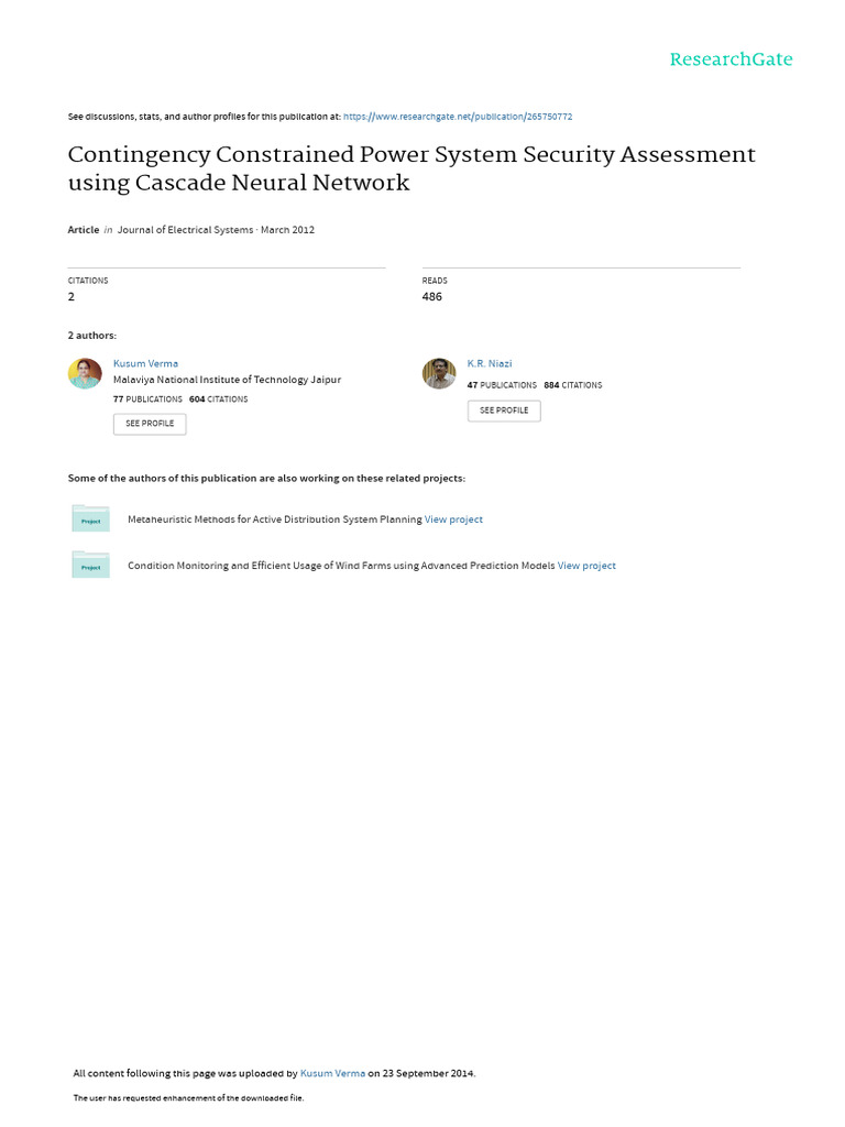 Contingency Constrained Power System Security Assessment Using Cascade Neural Network | PDF ...