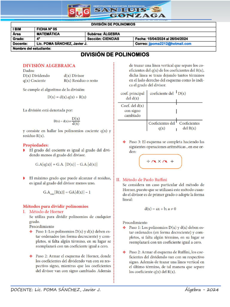 F5 Algebra 4 Ciencias Divison de Polinomios 13 04 2024 | PDF | Estudios ...