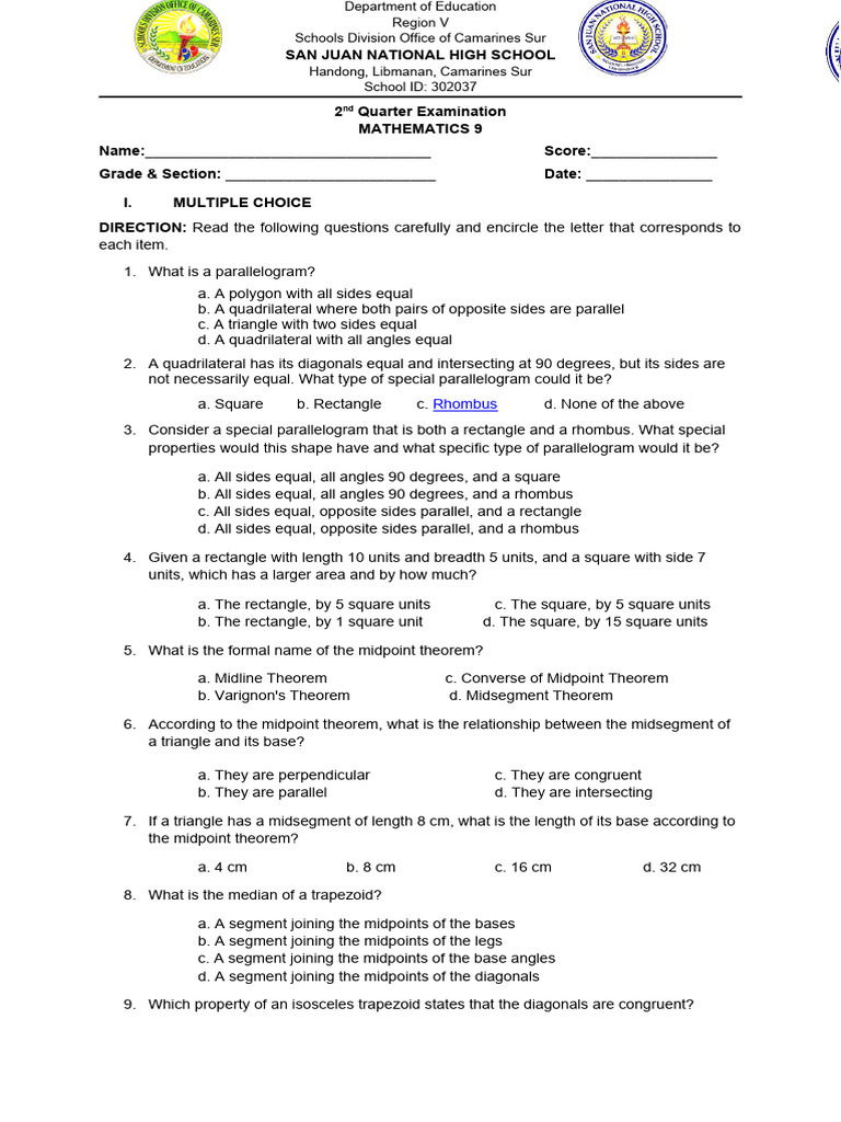 Math 9 2nd Quarter Exam Review | PDF | Rectangle | Perpendicular