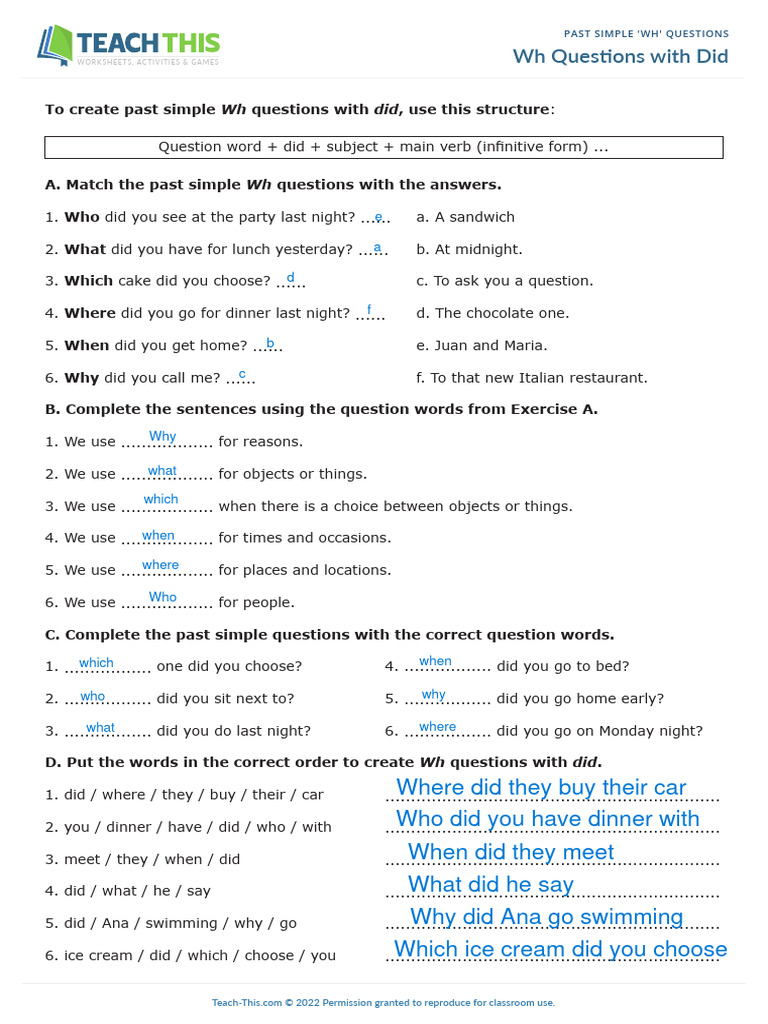WH Questions With Did | PDF | Question