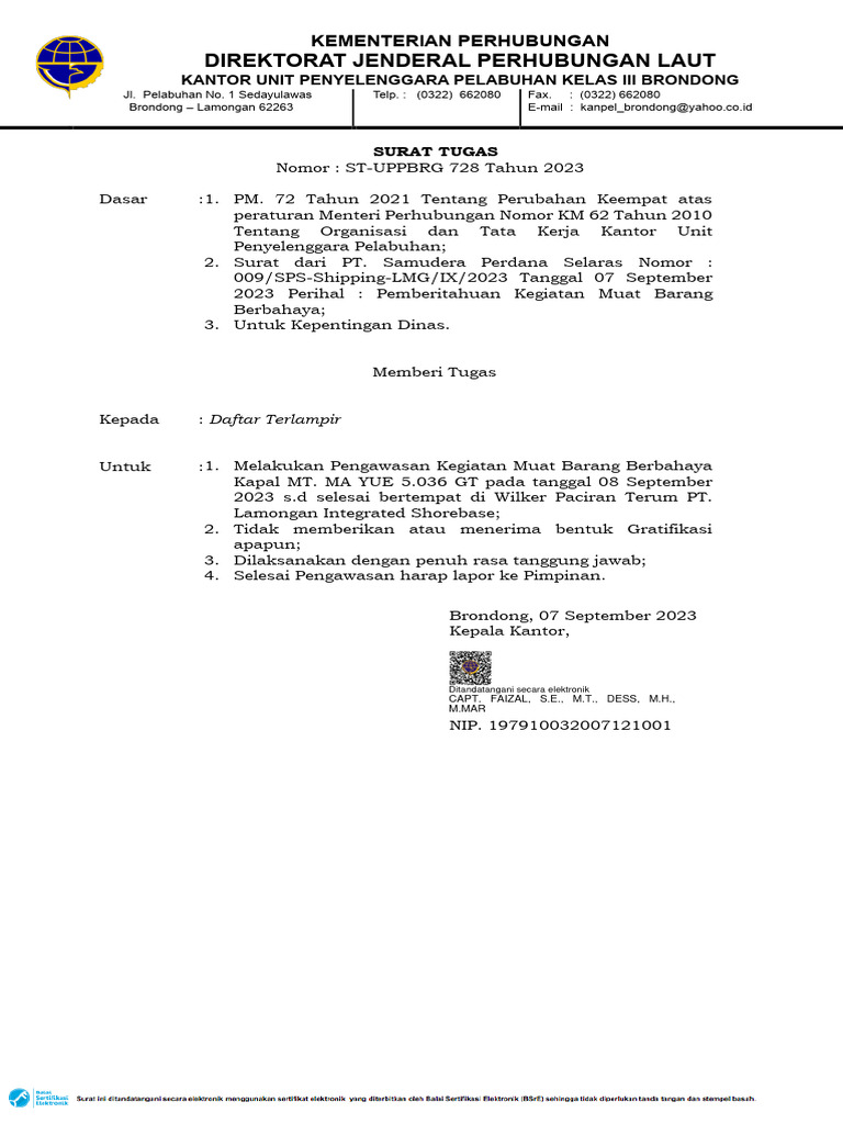 Surat Tugas Pengawasan Muat Barang Berbahaya | PDF
