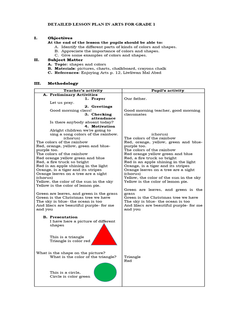 Detailed Lesson Plan in Arts For Grade 1 | PDF | Color | Green