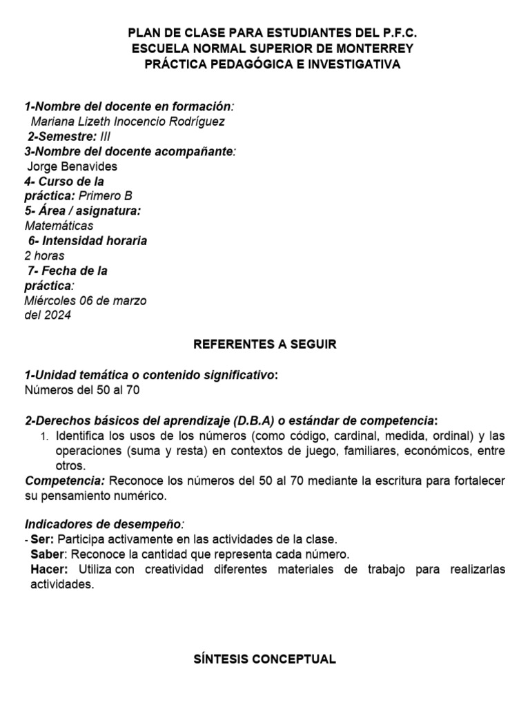 Plan de Clase Matematicas Numeros 30 Al 50 | Descargar gratis PDF | Evaluación | Maestros