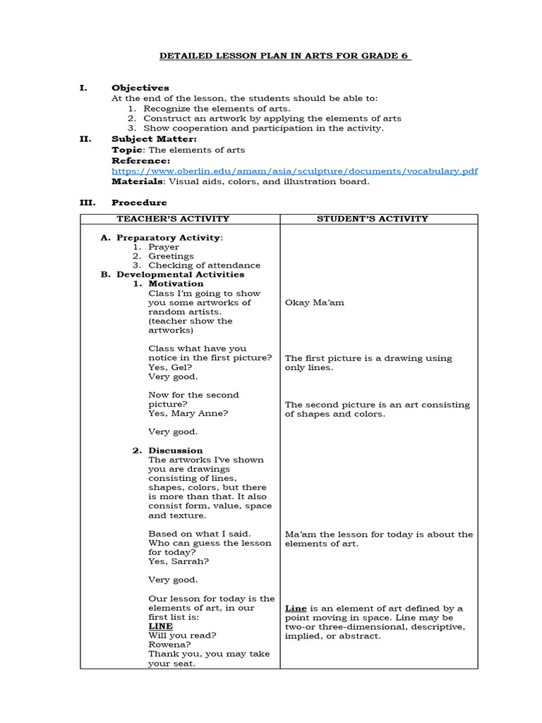Grade 6 Detailed Art Lesson Plan | PDF | Shape | Color