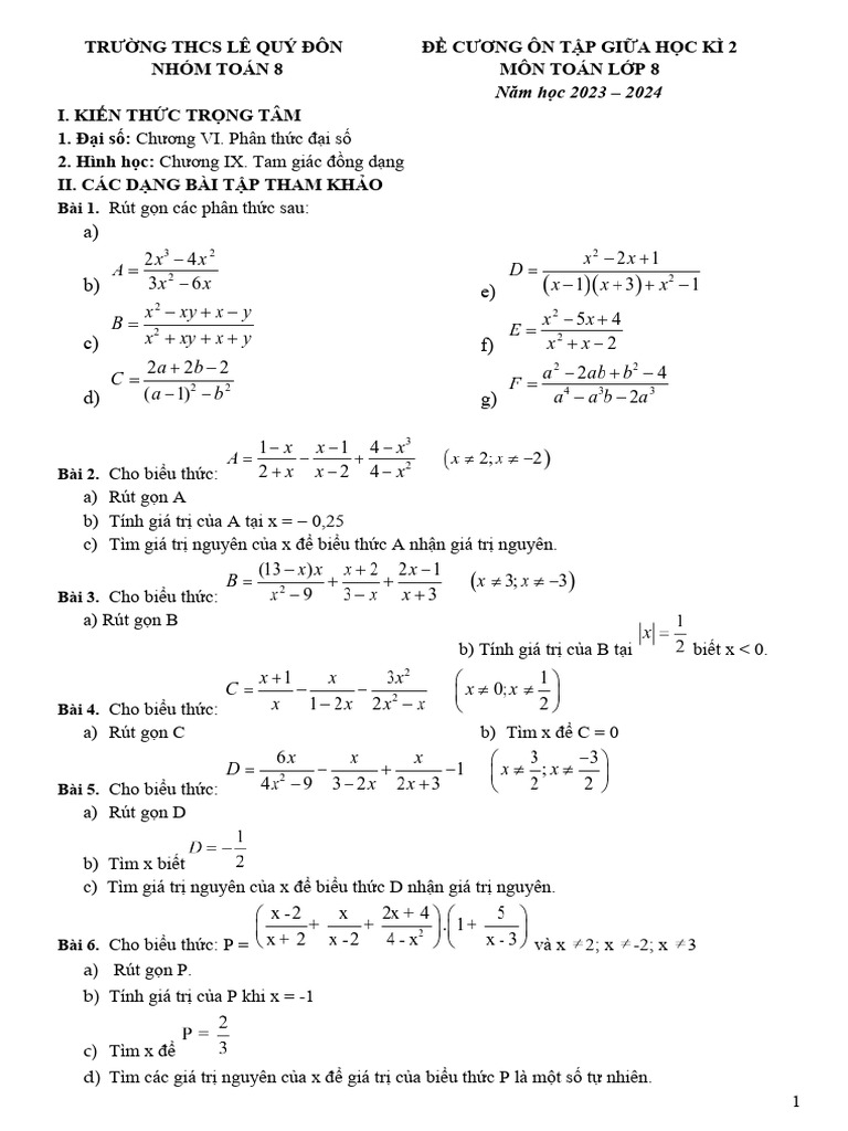 De Cuong Giua Ki 2 Toan 8 Nam 2023 2024 Truong Thcs Le Quy Don Ha Noi | PDF