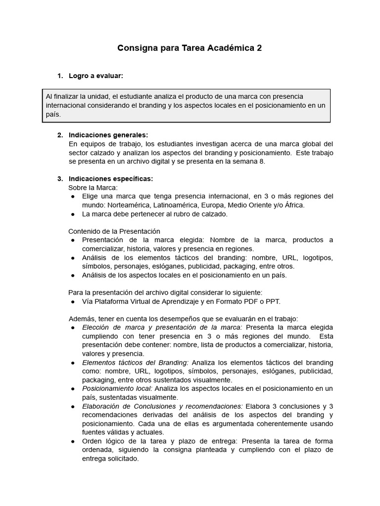 Consigna para Tarea Académica 2: 1. Logro A Evaluar | PDF | Marca | Gestión de la marca