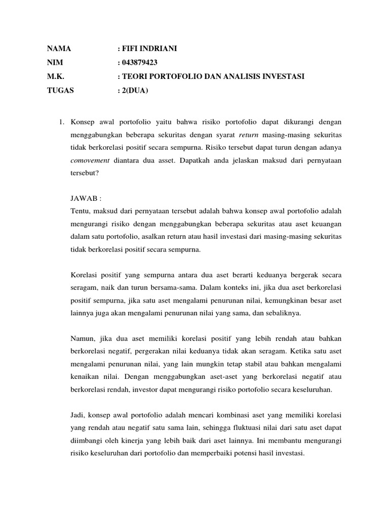 Tugas 2 Teori Portofolio Dan Analisis Investasi | PDF | Pengelolaan Keuangan & Uang
