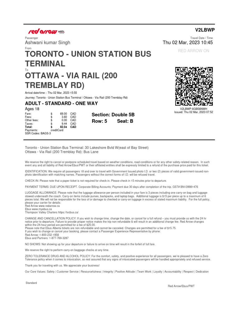 Toronto to Ottawa Bus Ticket Details | PDF | Baggage