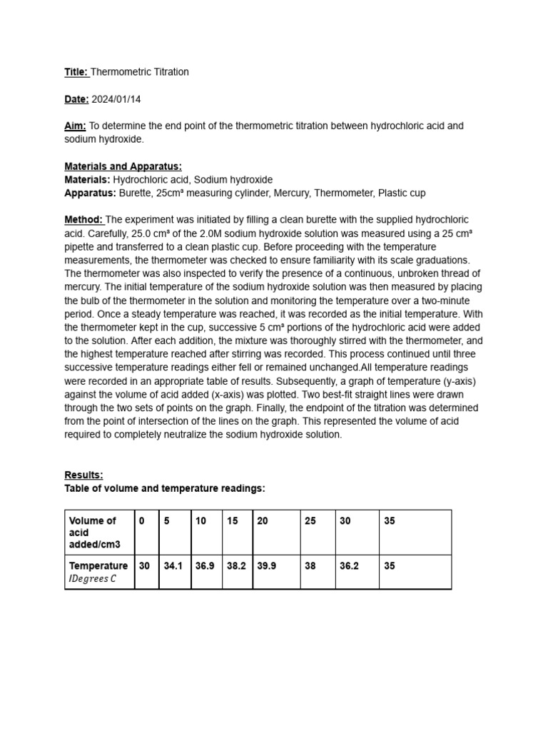 Thermometric Titration | PDF | Titration | Chemistry