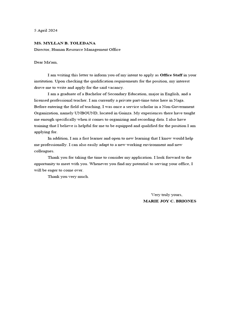 Application for Office Staff Position | PDF | Career & Growth | Wellness