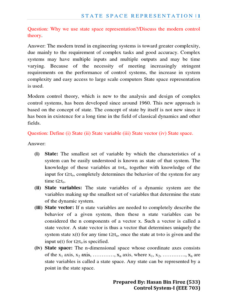 State Space Representation | PDF | System | Vector Space