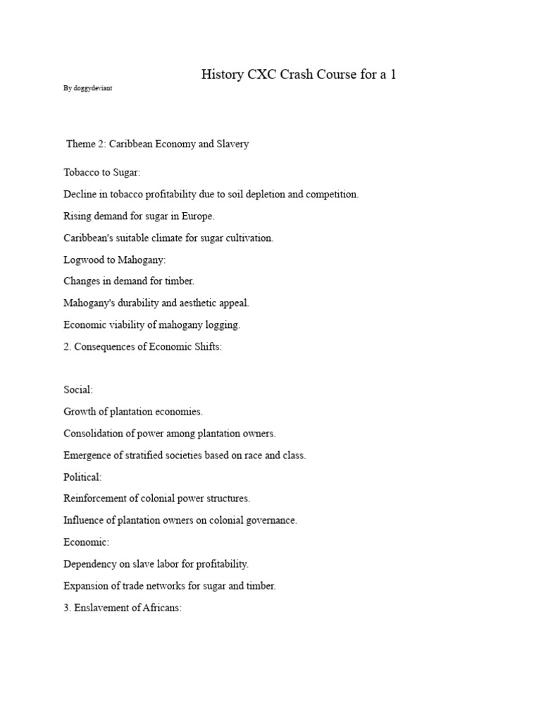 History CXC Crash Course For A 1 | PDF | Atlantic Slave Trade | Sugarcane