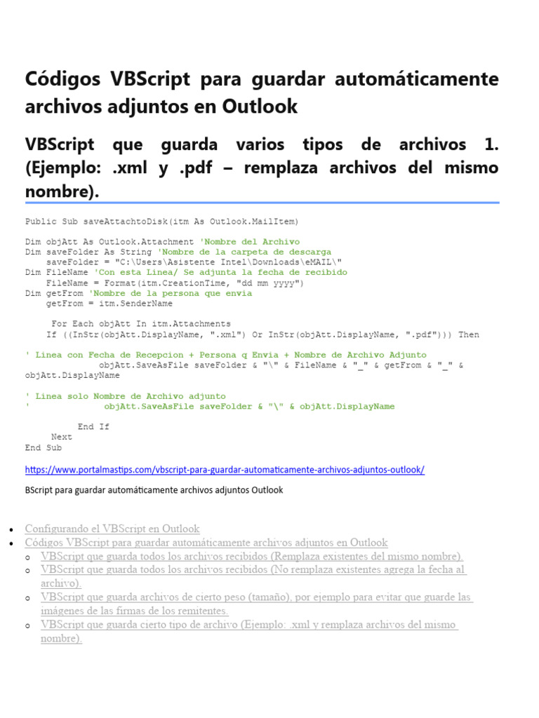 VBScript para Guardar Automáticamente Archivos Adjuntos Outlook | PDF ... VBScript para Guardar Automáticamente Archivos Adjuntos Outlook | PDF ...