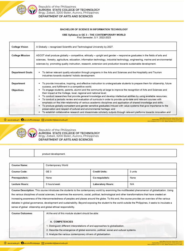 Contemporary World OBE Syllabus | PDF | Lecture | Science