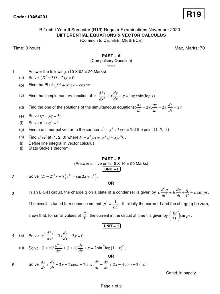 19A54201 Differential Equations & Vector Calculus | PDF | Mathematical Analysis | Differential ...