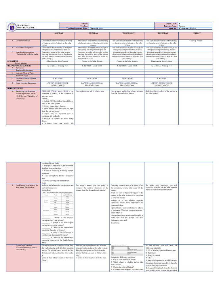 Science 6 Week 6 | PDF | Planets | Solar System