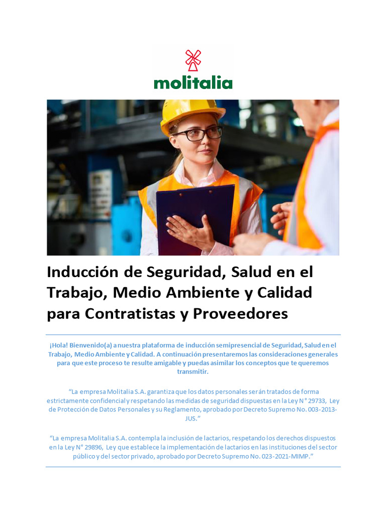 Inducción de Seguridad, Salud en El Trabajo, Medio Ambiente y Calidad para Contratistas y ...