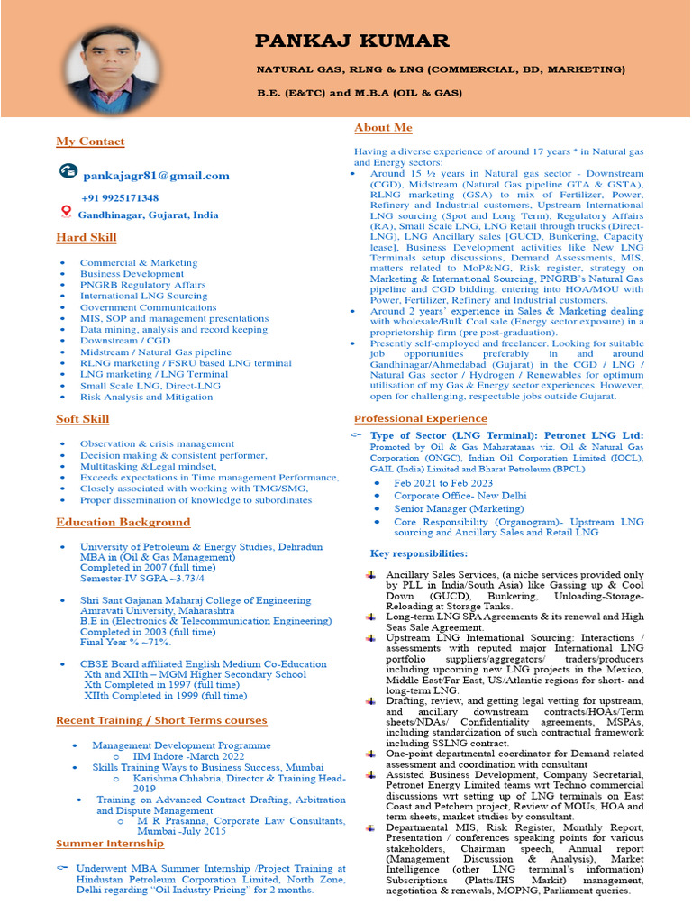 CV of MR Pankaj Kumar GSPL | PDF | Liquefied Natural Gas | Fossil Fuels