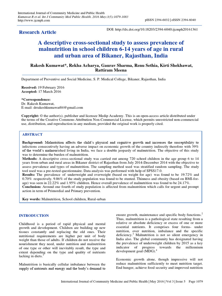 A Descriptive Cross Sectional Study To A | PDF | Malnutrition | Nutrition