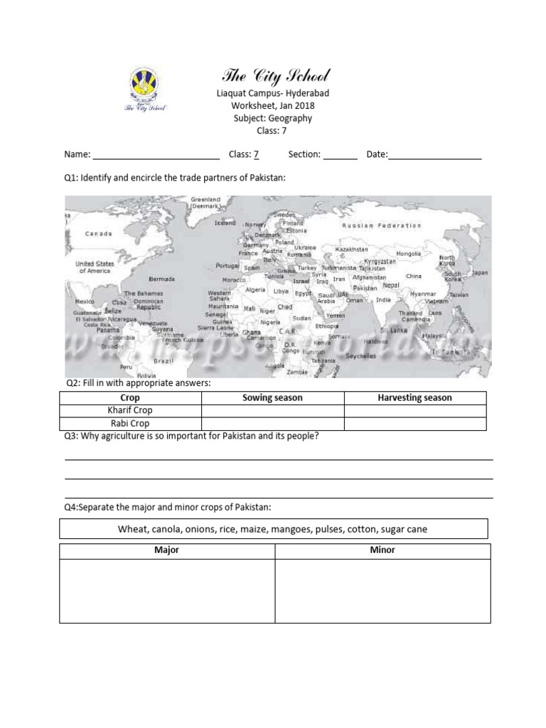 Pakistan Geography Worksheet for Class 7 | PDF