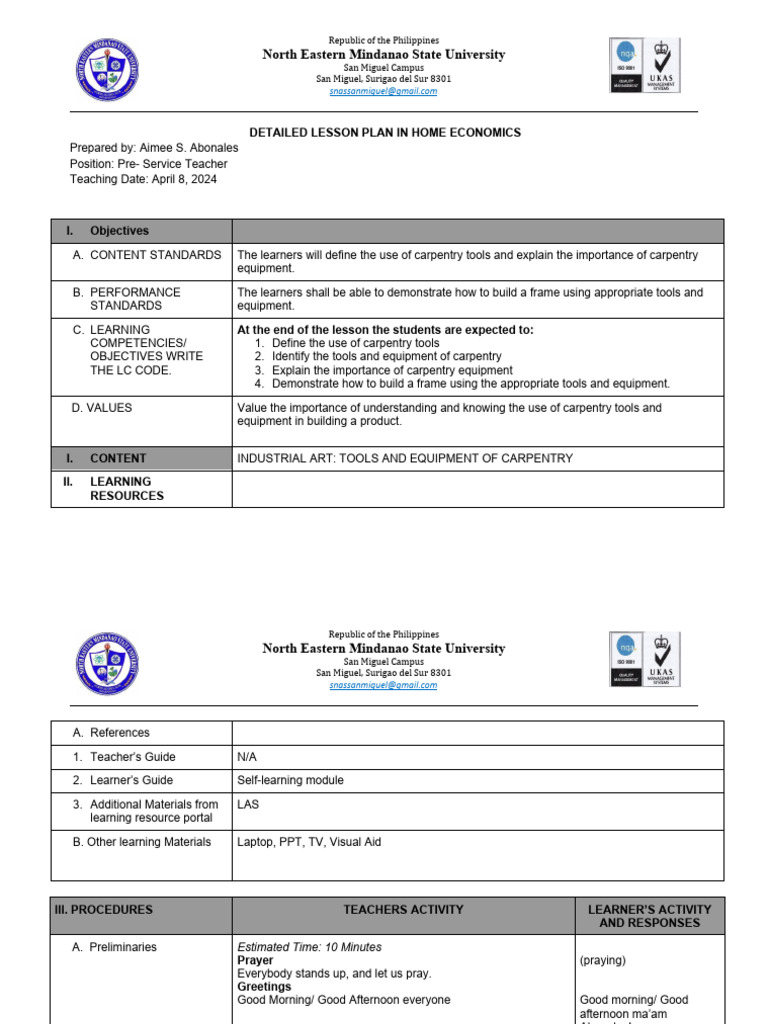 7es Lesson Plan HOME ECONOMICS Sewing Tools | PDF | Sewing