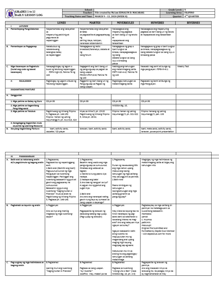 DLL - Filipino 5 - Q4 - W8 | PDF