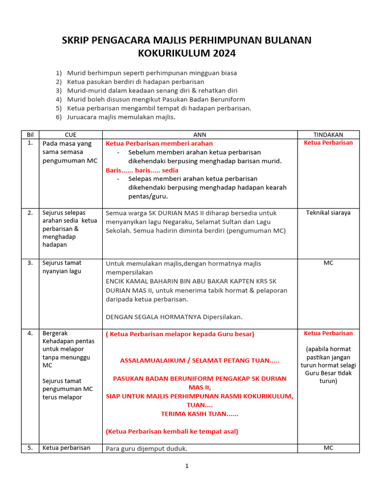 skrip perhimpunan kokurikulum (1) | PDF