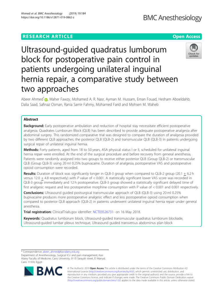 Ahmed - USG Guided QLB For Postoperative Pain Control - Comparing Study ...