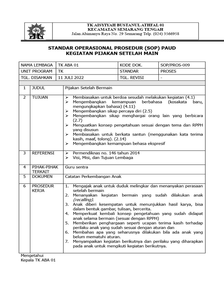 9 Sop Paud Kegiatan Pijakan Setelah Main | PDF