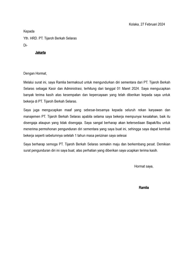 Surat Resign Lia | PDF