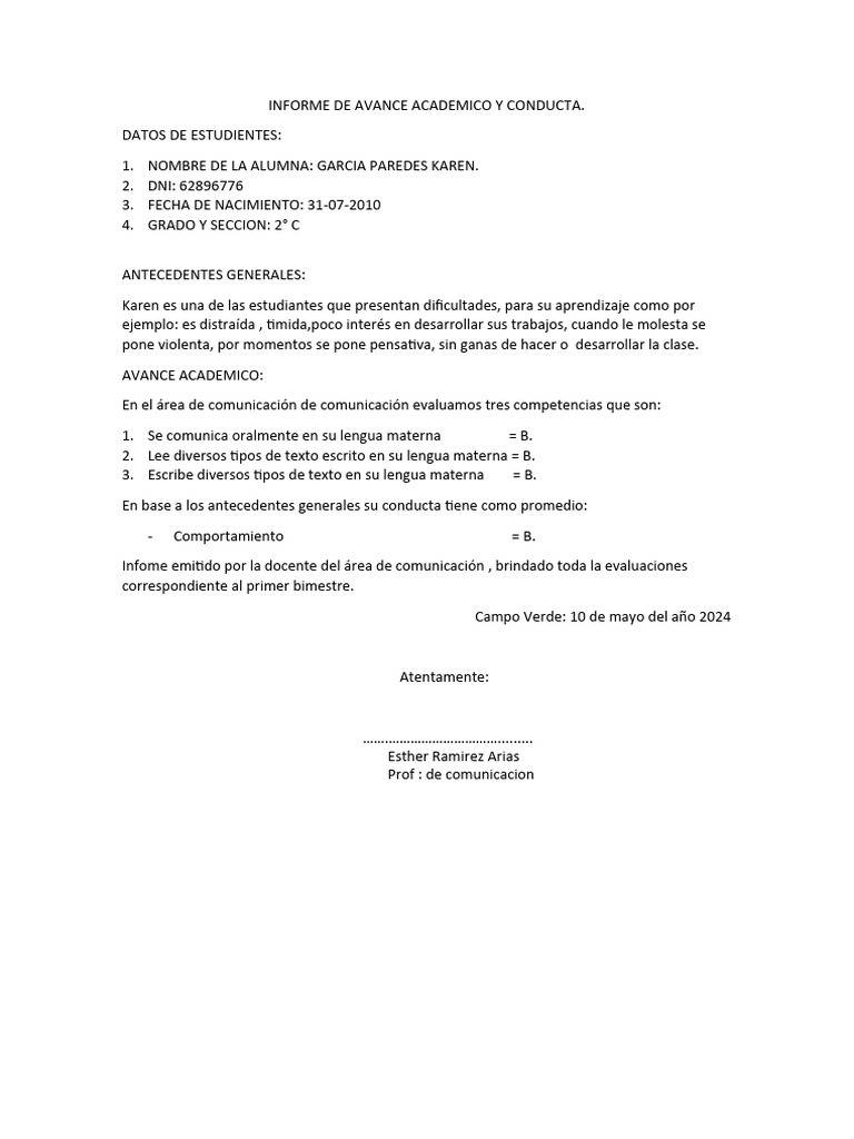 Informe de Avance Academico y Conducta | PDF