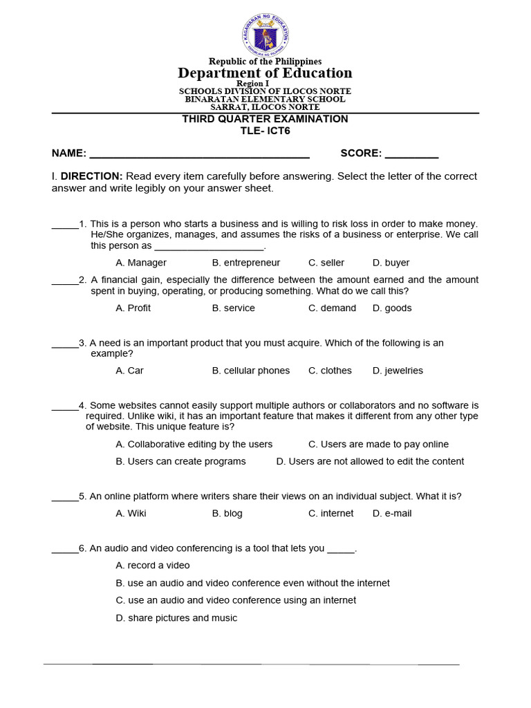 2nd Quarter Exam Tle 6 | PDF | Internet | Spreadsheet