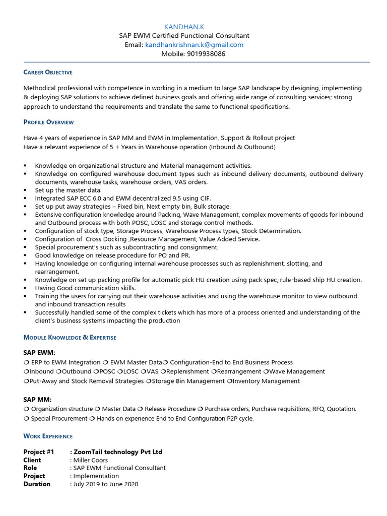 SAP EWM Consultant Profile Overview | PDF | Warehouse | Business