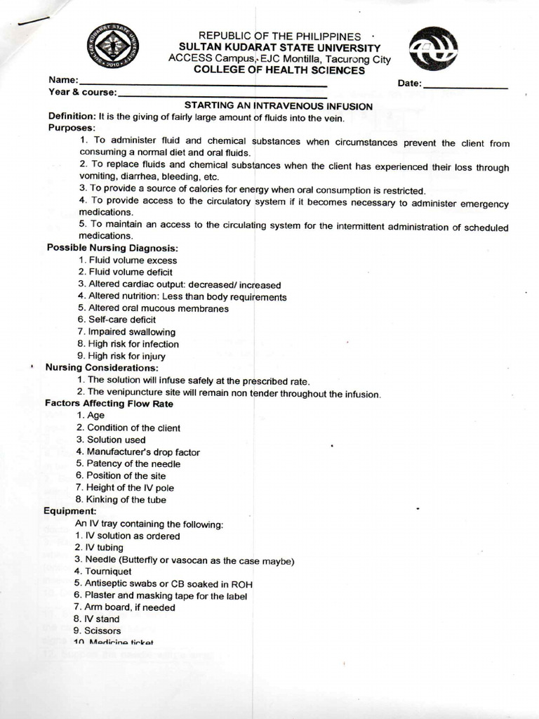 Checklist On Starting An Iv Infusion | PDF