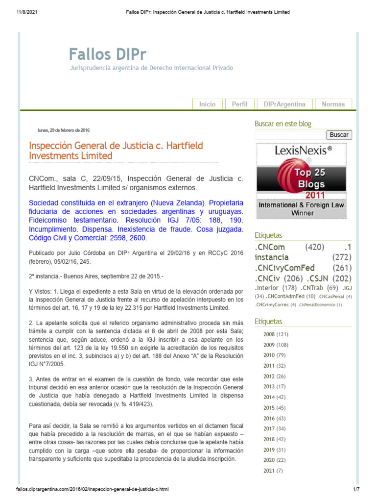 Fallos DIPr - Inspección General de Justicia C. Hartfield Investments Limited FRAUDE A LA LEY ...