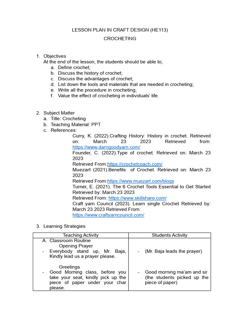 LESSON PLAN IN CRAFT DESIGN - Group - 1 | PDF | Crochet | Yarn