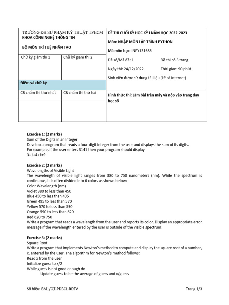 DeThi-DapAn NhapMonLapTrinhPython 2022 2023 1 | PDF