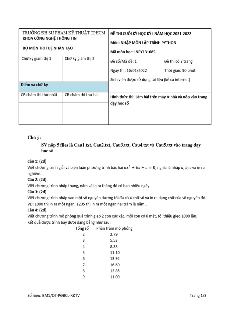 DeThi-DapAn NhapMonLapTrinhPython 2021 2022 1 | PDF