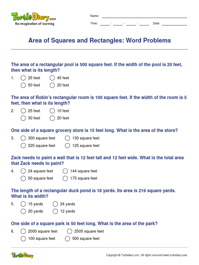 Area of Squares Rectangles Word Problems | PDF