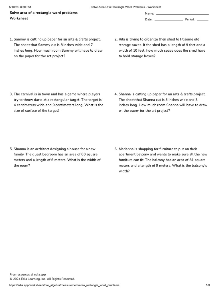 Solve Area of A Rectangle Word Problems - Worksheet | PDF | Foot (Unit ...