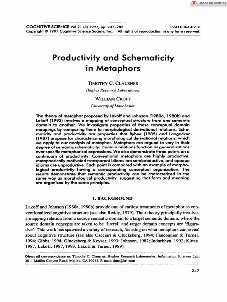 CLAUSNER and CROFT (1997) Productivity and Schematicity in Metaphors | PDF | Metaphor ...
