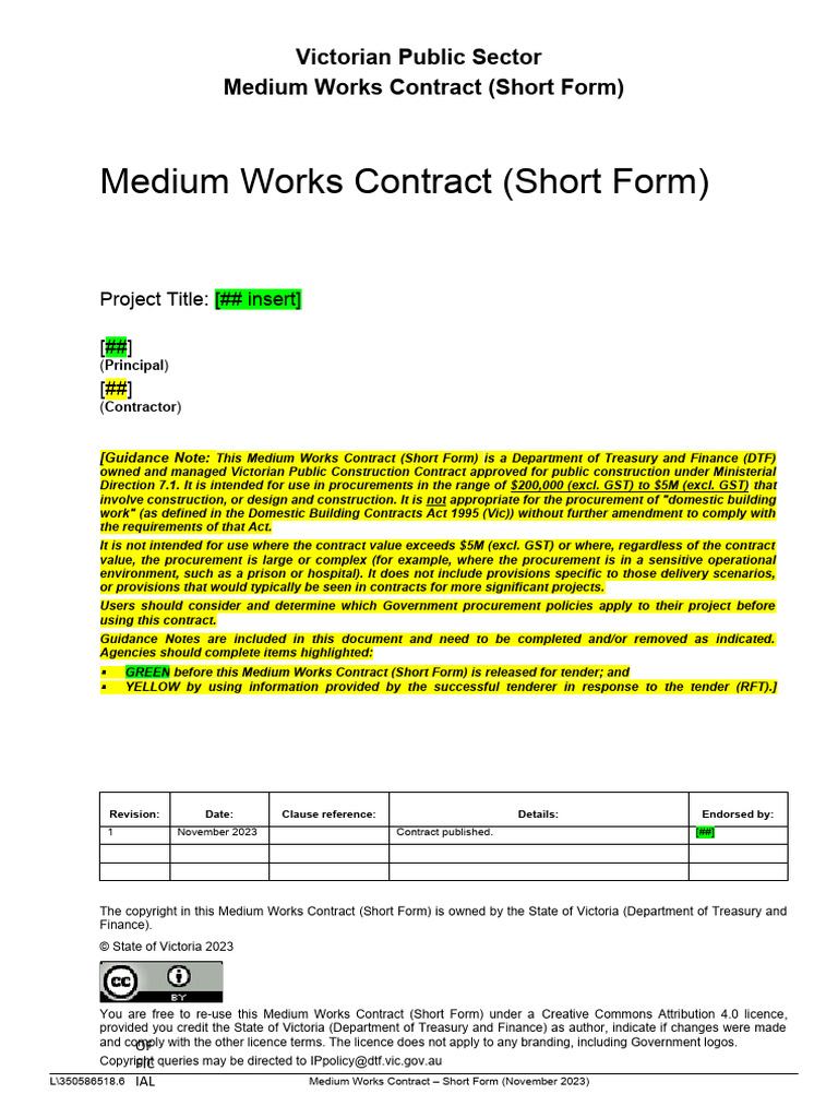 VPS Medium Works Contract (Short Form) November 2023 | PDF | Indemnity ...