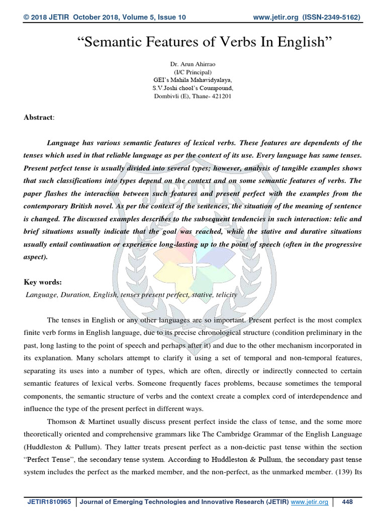AHIRRAO (2018) Semantic Features of Verbs in English | PDF ...