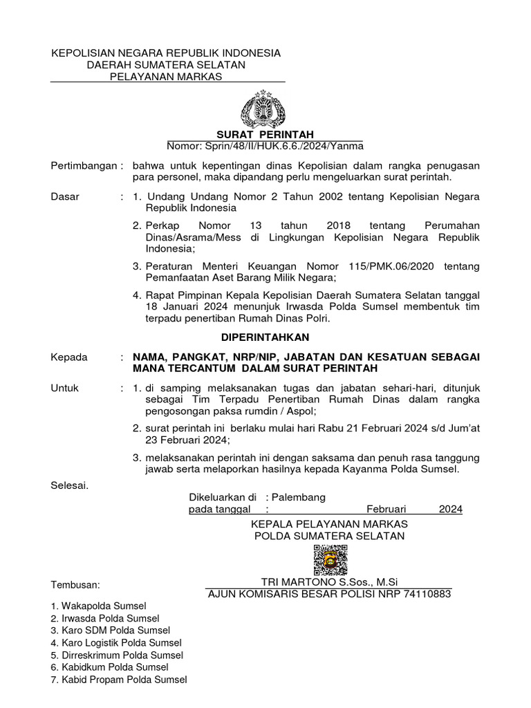 Sprin Tim Yanma Penertiban Rumah Dinas Polri 2024 | PDF