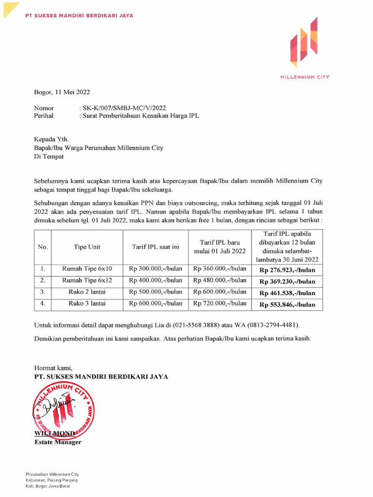 Pemberitahuan Kenaikan Tarif IPL 2022 | PDF