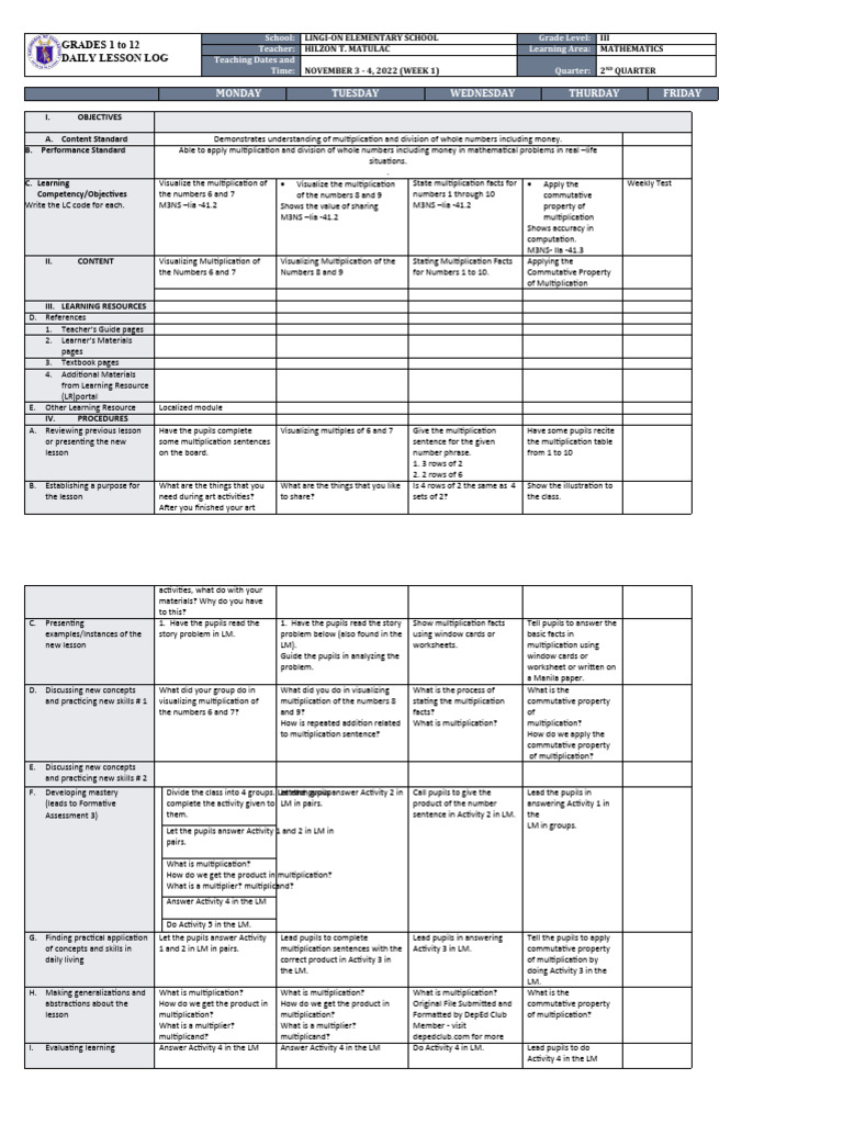 DLL - Mathematics 3 - Q2 - W1 | PDF | Multiplication | Learning