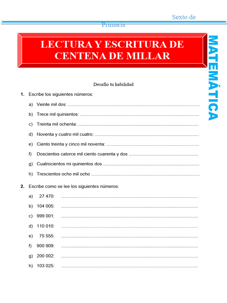 Lectura y Escritura de Centena de Millar para Sexto de Primaria | PDF