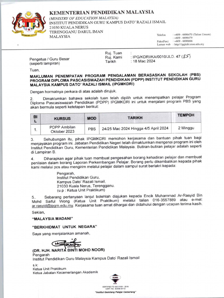 Surat - Makluman Penempatan Program Pengalaman Berasaskan Sekolah (PBS ...