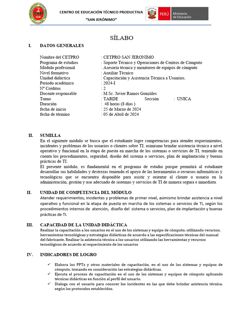 2 SILABO Del Módulo I, Unidad Didactica 2 - 2024 | PDF | Usuario (informática) | Informática