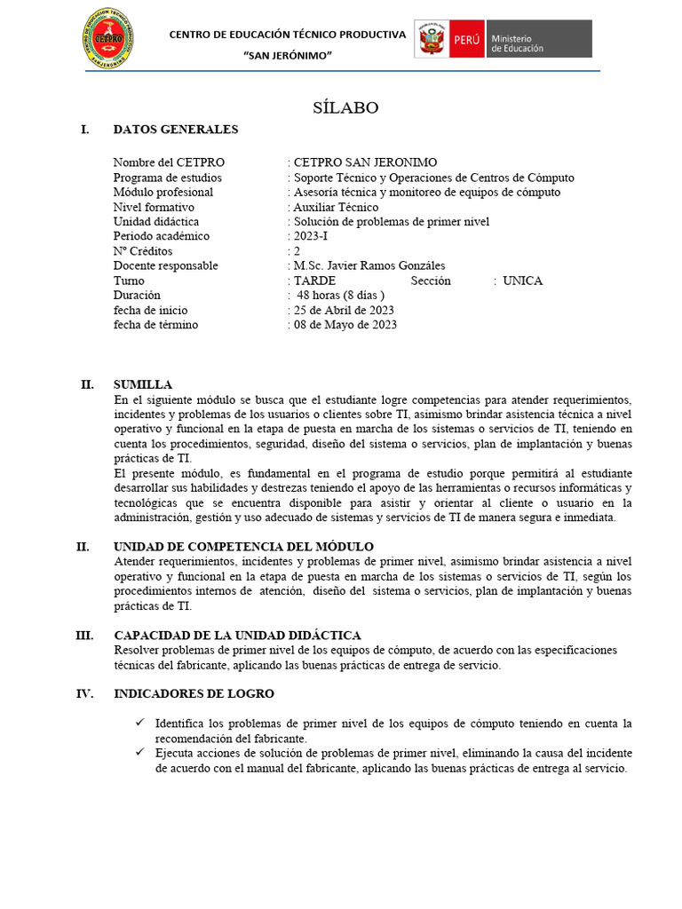 4 SILABO Del Módulo I, Unidad Didactica 4 - 2024 | PDF | Soporte técnico | Informática